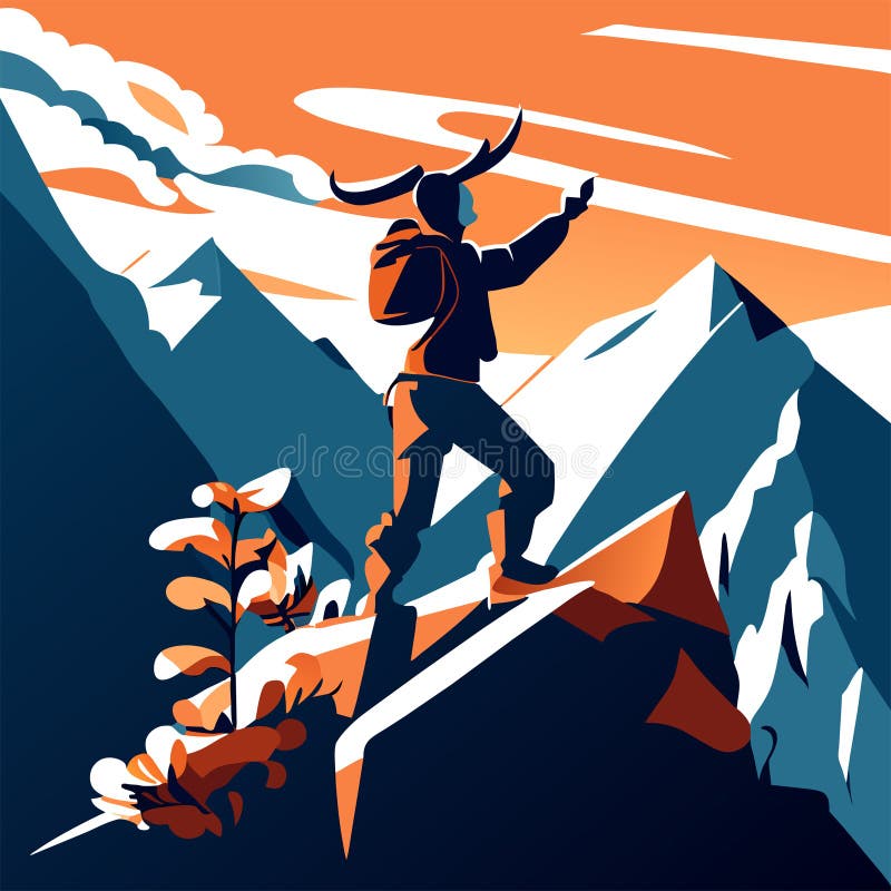 Mountaineer with Backpack Standing on Top of the Mountain. Vector ...