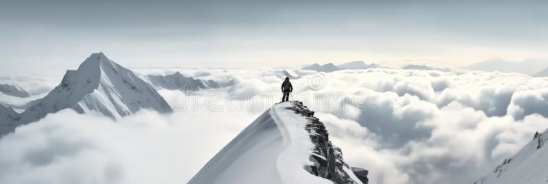 Mountaineer Exulting on Top of Snowy Mountain Range, Banner Stock ...