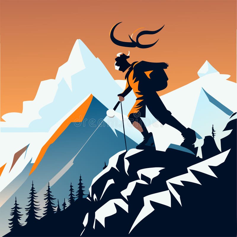 Mountaineer on Top of the Mountain. Vector Illustration in Flat Style ...