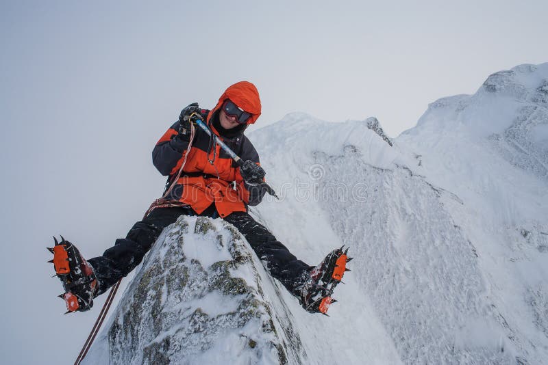 Teamwork in Alpinism. Mountaineering. Traverse of Mountain. Stock Image ...