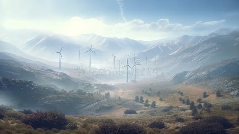 Mountainous Area with Mist and Wind Turbines Generative Ai. Generative Ai Stock Image - Image of ...