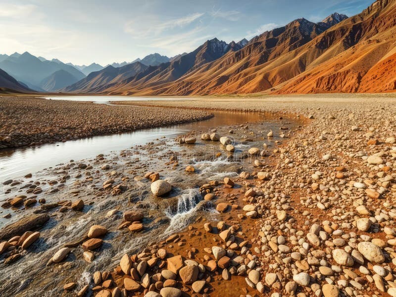 Mountainous Arid Riverbed Empties into Lake a Visual Representation of ...