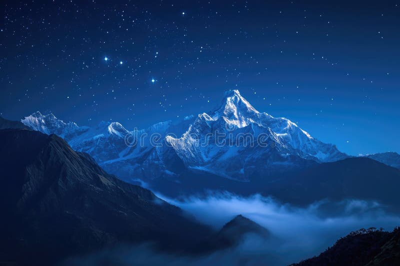 Mountainous Landscape Bathed in Moonlight Stock Image - Image of ...