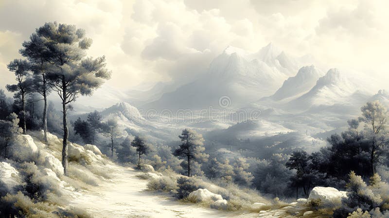 Mountainous Landscape, Path, Pines, Clouds, Tranquil Scene, Art Print ...