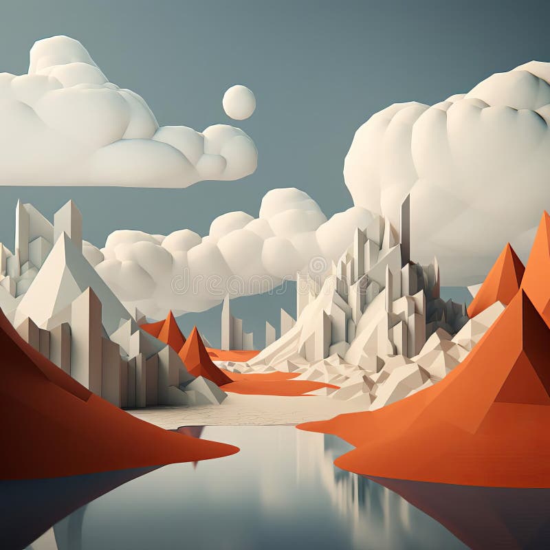 Minimalist 3d Landscape with Serene Water and Majestic Mountains Stock ...