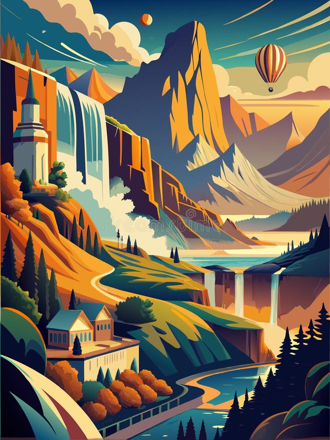 Mountainous Landscape with Waterfalls, Lighthouse, and Hot Air Balloon ...