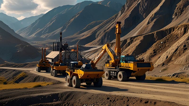 Mountainous Mining Landscape with Drilling Rigs and Transport Vehicles ...