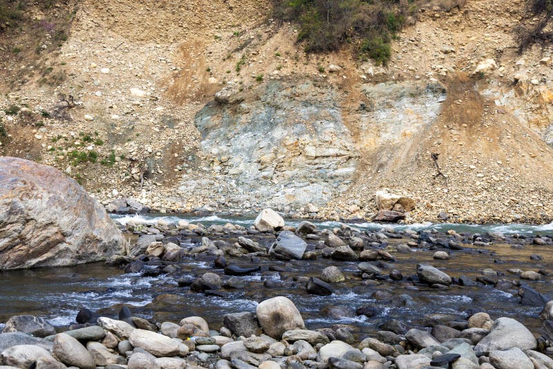 Mountainous Rocky River Bed with Small Stream from Flat Angle Stock Image - Image of mountain ...