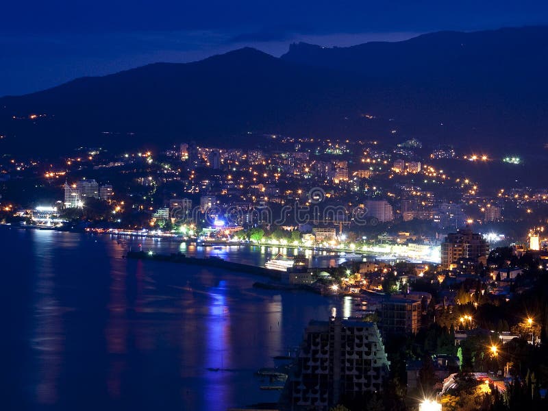 Mountains City at Night. Black Sea Stock Photo - Image of dark, lights ...