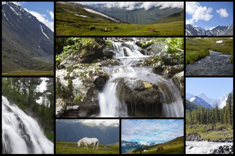 Mountains collage stock photo. Image of stream, horses - 43673408