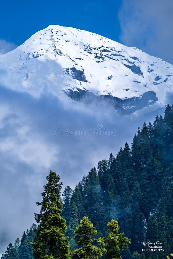 The Mountains are Covered in Thick Snow and Clouds while Trees Stand by ...