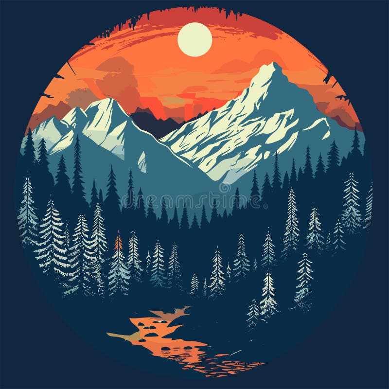 Mountains and Forest in the Style of a Retro Poster. Vector ...