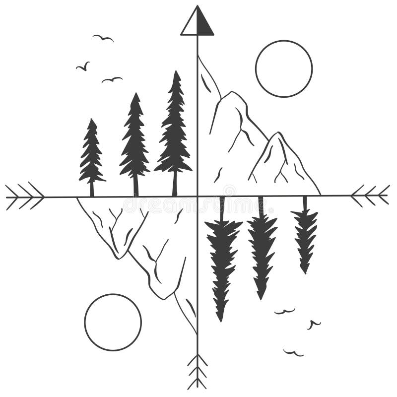 Mountains, Forest, Sun Directions of the Compass. Stock Vector ...
