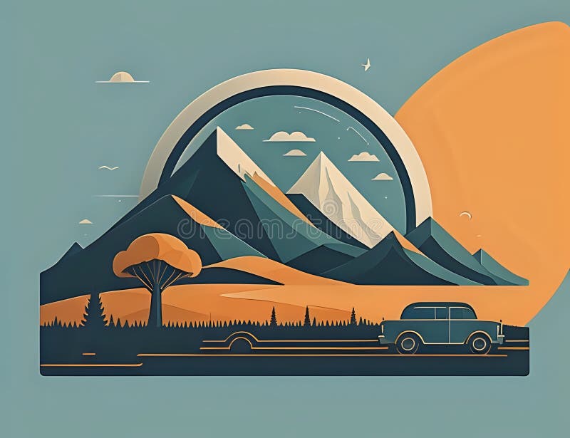 Mountains Illustration with Tree and Car Stock Photo - Image of tree ...