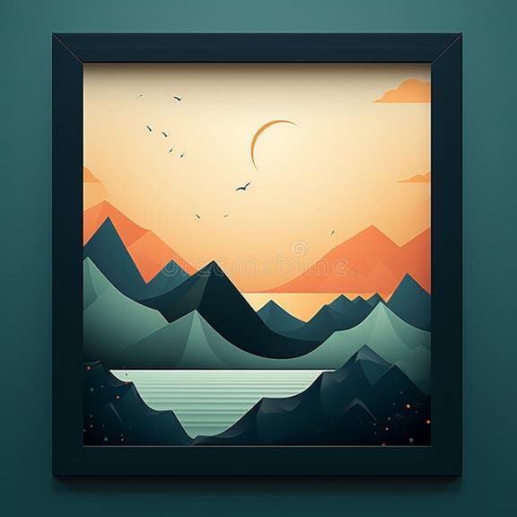 Mountains and a Lake in a Frame on a Green Wall Stock Illustration ...