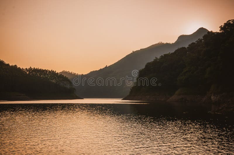 The Mountains and Lake Scenery in Sunset Stock Image - Image of ...