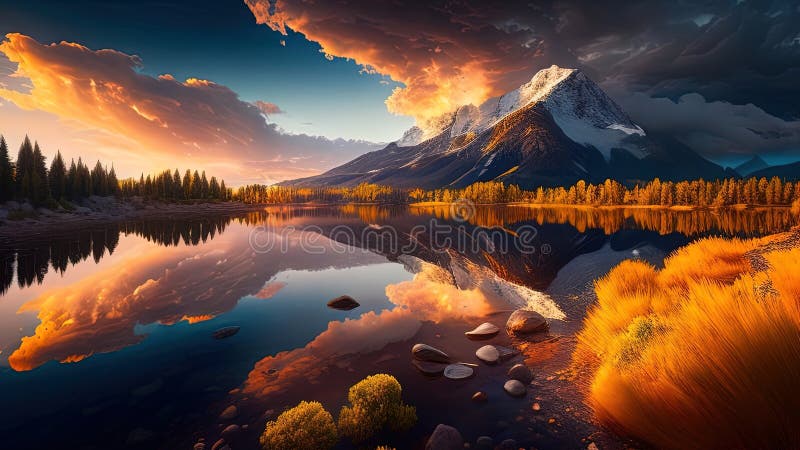 Mountains and Lake at Sunset. Panoramic View of the Lake Stock ...