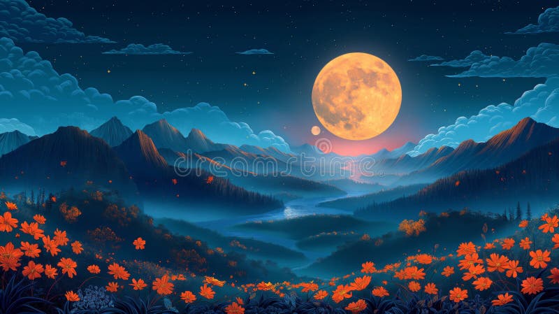 Mountains Landscape Night Orange Moon Meadow Flowers Stock Illustration ...
