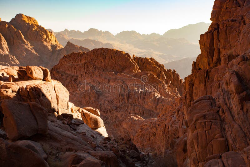 Mountains Lit by First Rays of Sun at Sunrise. Stock Image - Image of ...