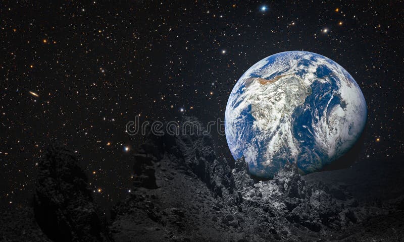 Mountains on the Moon Overlooking Planet Earth Stock Image - Image of ...