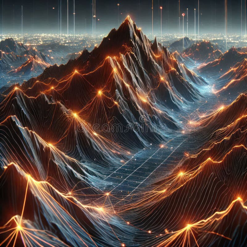 Mountains with a Network of Luminous Lines and Dots. Stock Image ...