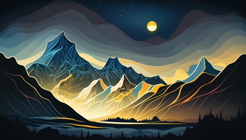 Mountains at Night with Moon and Stars. Landscape with Mountains at ...