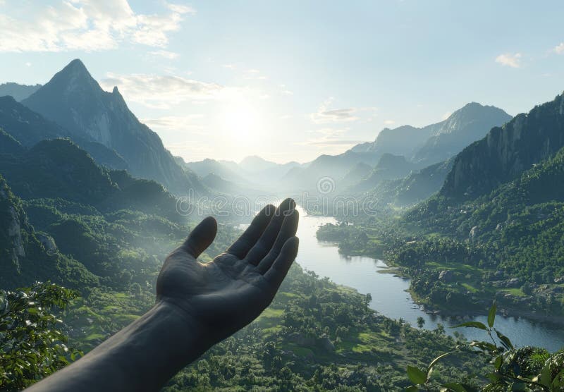 Mountains Rise Up in Front of a Hand Reaching Toward the Sky Stock ...