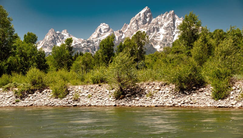 Mountains and River of Grand Teton National Park Stock Photo - Image of ...