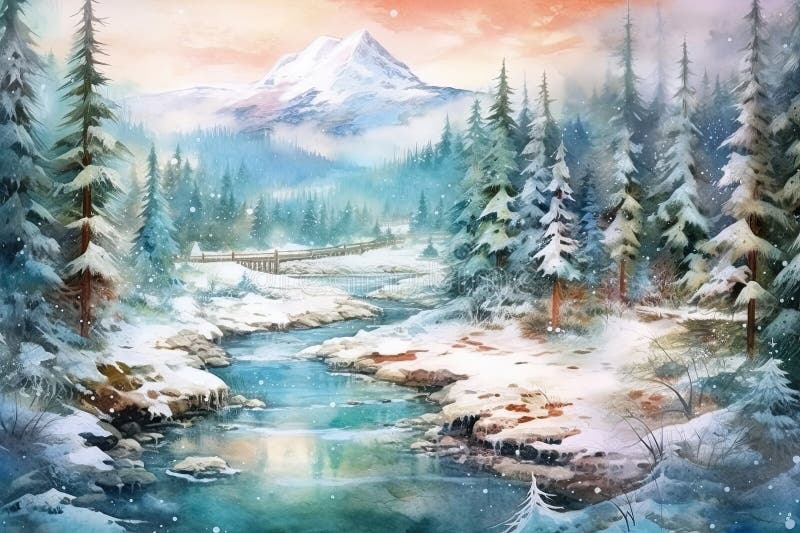 Mountains and River Light Watercolor Landscape Stock Illustration ...