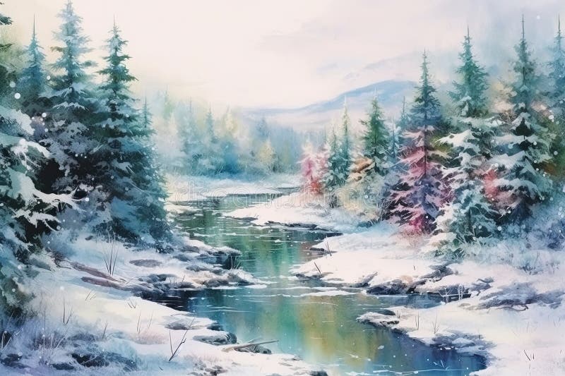 Mountains and River Light Watercolor Landscape Stock Illustration ...