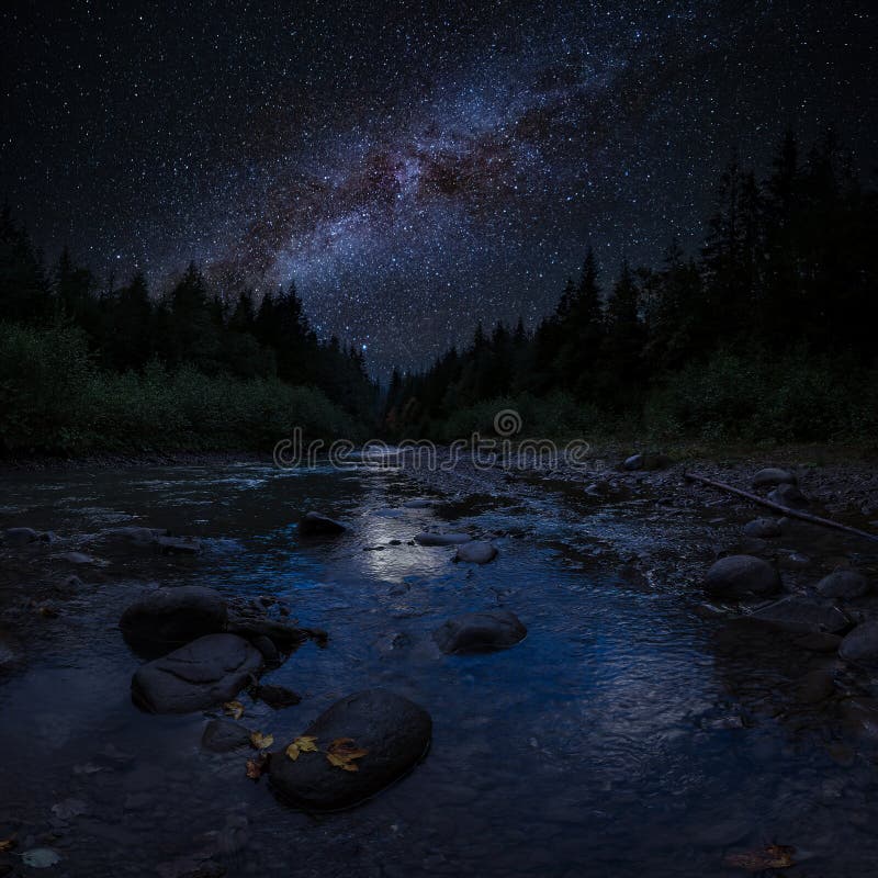Mountains River and Stars in Sky Stock Image - Image of outdoor, autumn ...