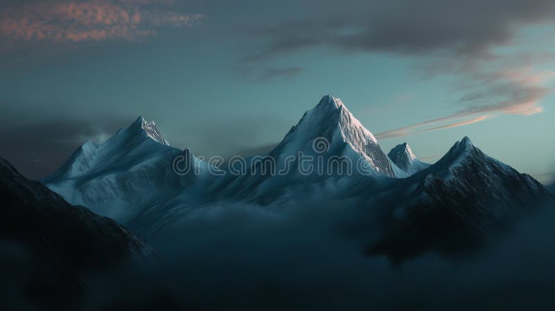 Mountains with Sharp Peaks in Snow between Fluffy Clouds at Sunset ...