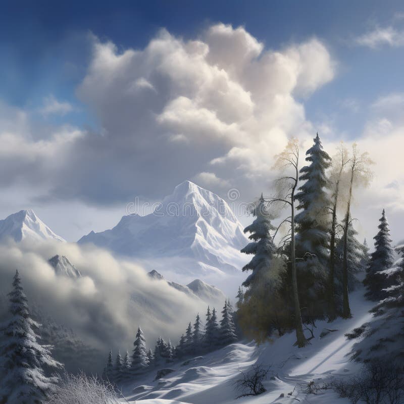Mountains Snow Trees Clouds Hyper-realistic Two Generative AI Stock ...