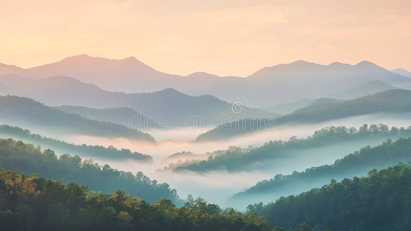 Mountains in Soft Morning Mist with Sunrise Glow. Stock Illustration ...