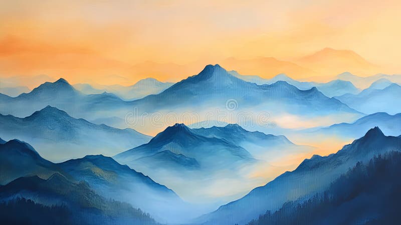 Mountains in Soft Morning Mist with Sunrise Glow. Stock Illustration ...