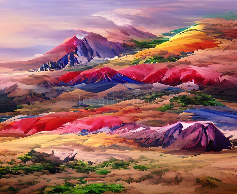 Mountains at Summer Time- Colorful Imaginative Painting Stock ...