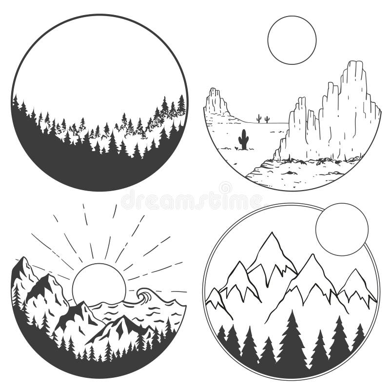 Mountains, Sun, and Clouds in Geometric Shapes. Stock Vector ...