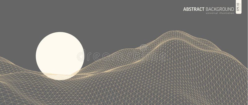 Mountains, Sun, Valleys and Hills Vector Landscape. Abstract Wireframe ...