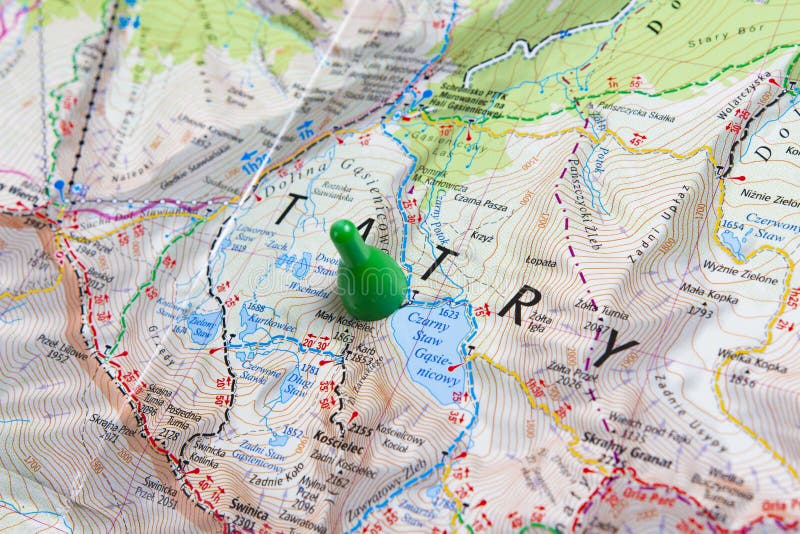 Mountains of the Tatras on a Geographical Map. Planning a Walking Route ...