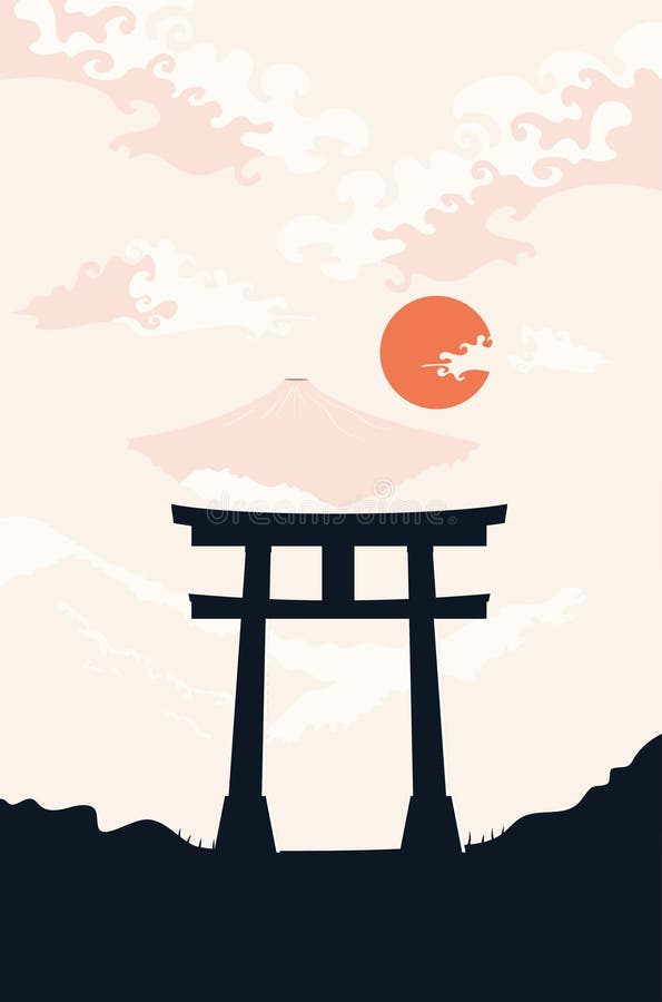 Mountains and Torii Gate Minimalism Stock Illustration - Illustration ...