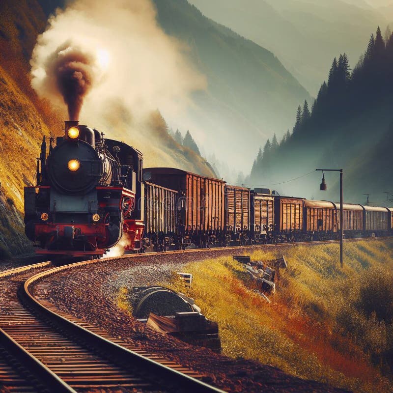 A Train Under Steam Traction. AI Generated Stock Illustration ...