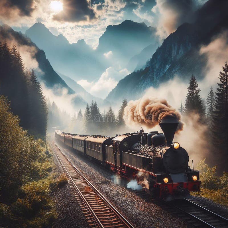 A Train Under Steam Traction. AI Generated Stock Illustration ...