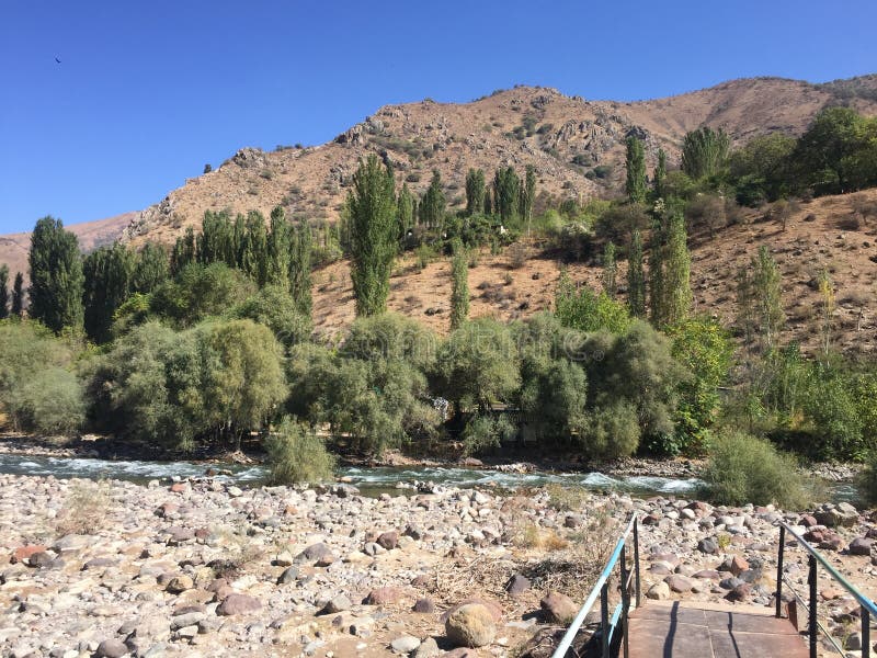 Mountains Trees Bridge River Sun Sky Stock Photo - Image of bridge ...