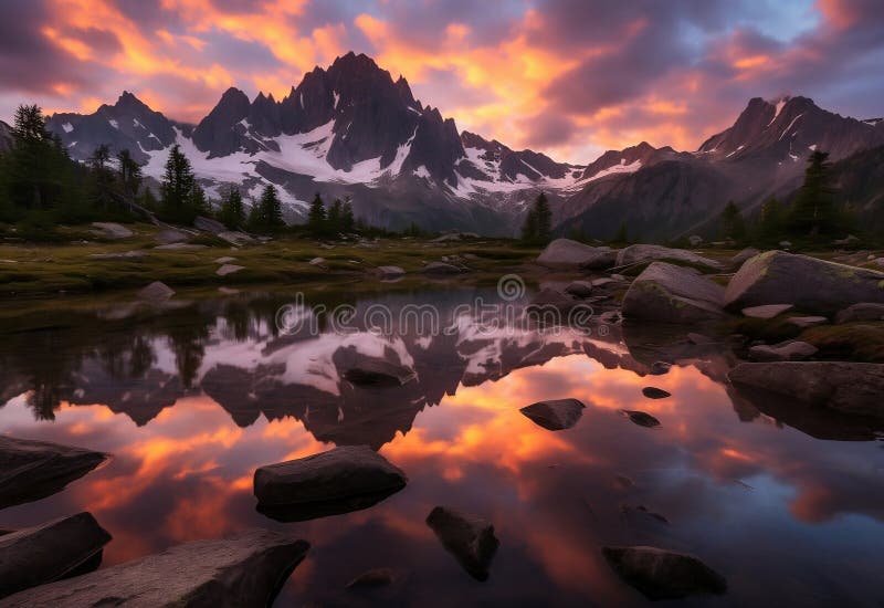 Mountains and Trees in Lake at Sunset in Long Exposure - Landscape ...