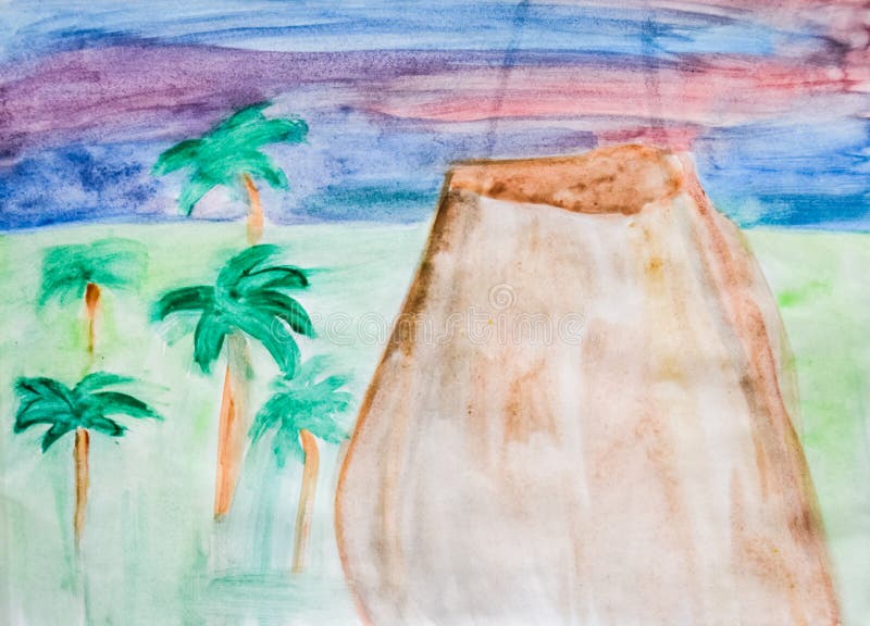 Mountains and Volcano among Palm Trees and Forests. Drawing Stock ...