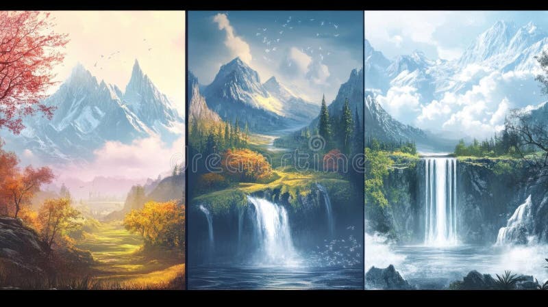 Mountains Waterfall Flows through Valley in Changing Seasons, Featuring ...