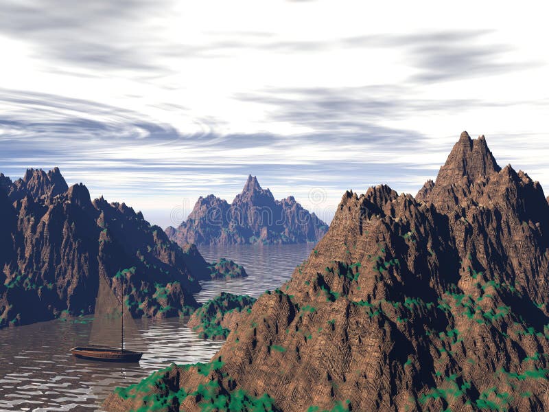 Mountains Waterfront - 3d Render Stock Illustration - Illustration of ...