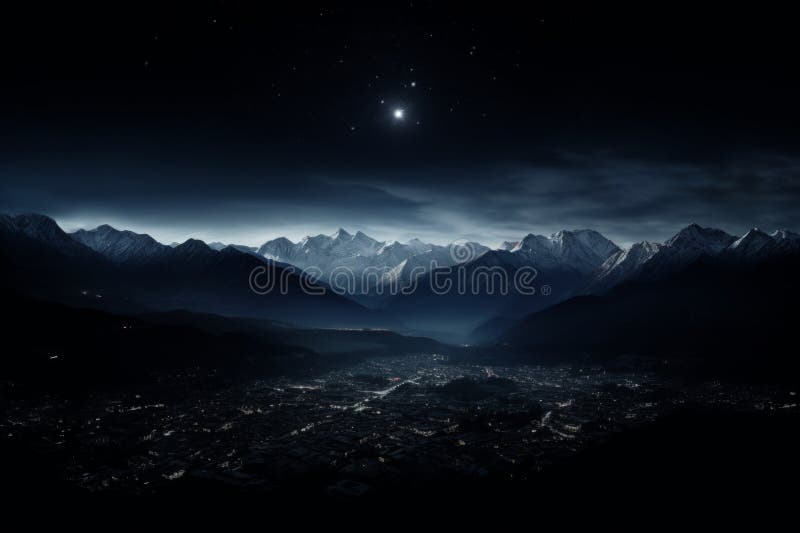 Mountainscape in Moonlight, Panoramic View on Himalayan Peaks at Night ...