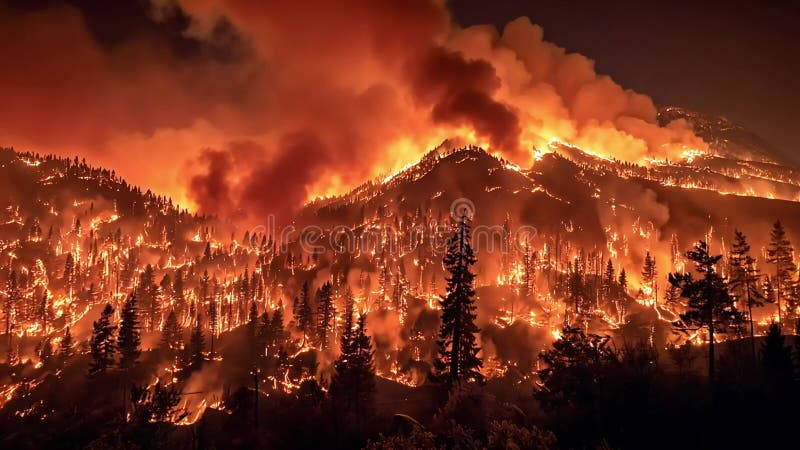 A Mountainside Forest is Consumed by Flames during a Wildfire. the Fire ...