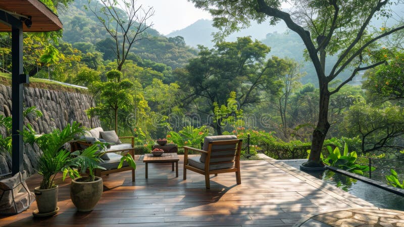 Mountainside Resort Deck Overlooking Pristine Forest Stock Photo ...